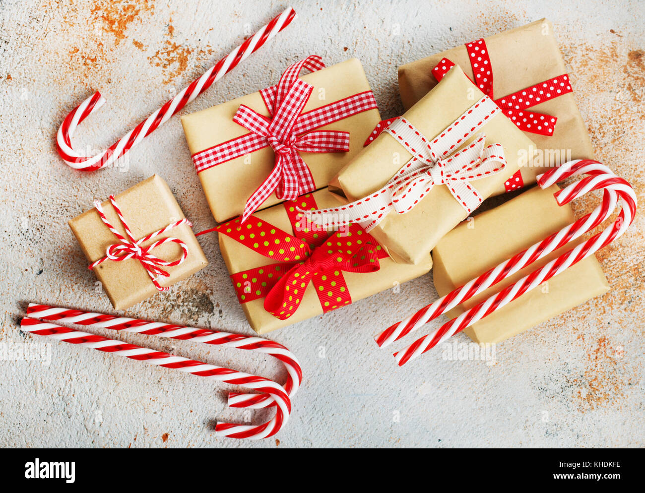 box for present and candy cane on a table Stock Photo - Alamy