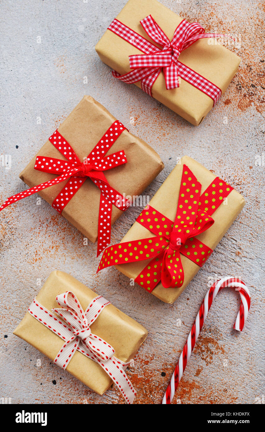 box for present and candy cane on a table Stock Photo - Alamy