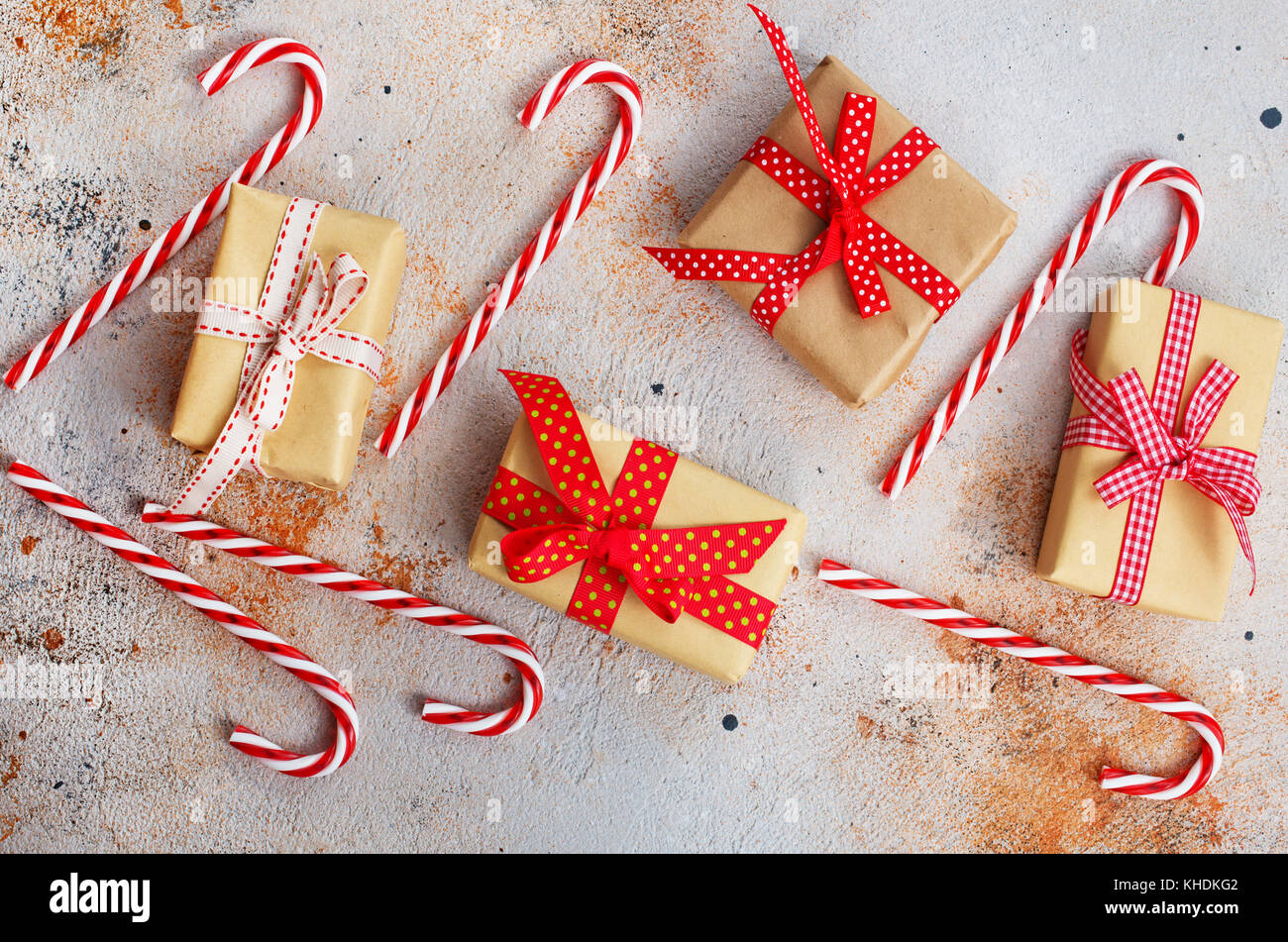 box for present and candy cane on a table Stock Photo - Alamy
