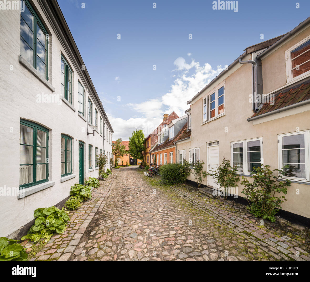 Narrow residential street in the medieval town center of Helsingor ...