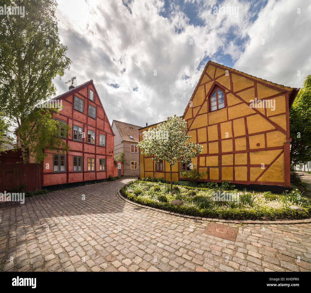 Narrow residential street in the medieval town center of Helsingor ...