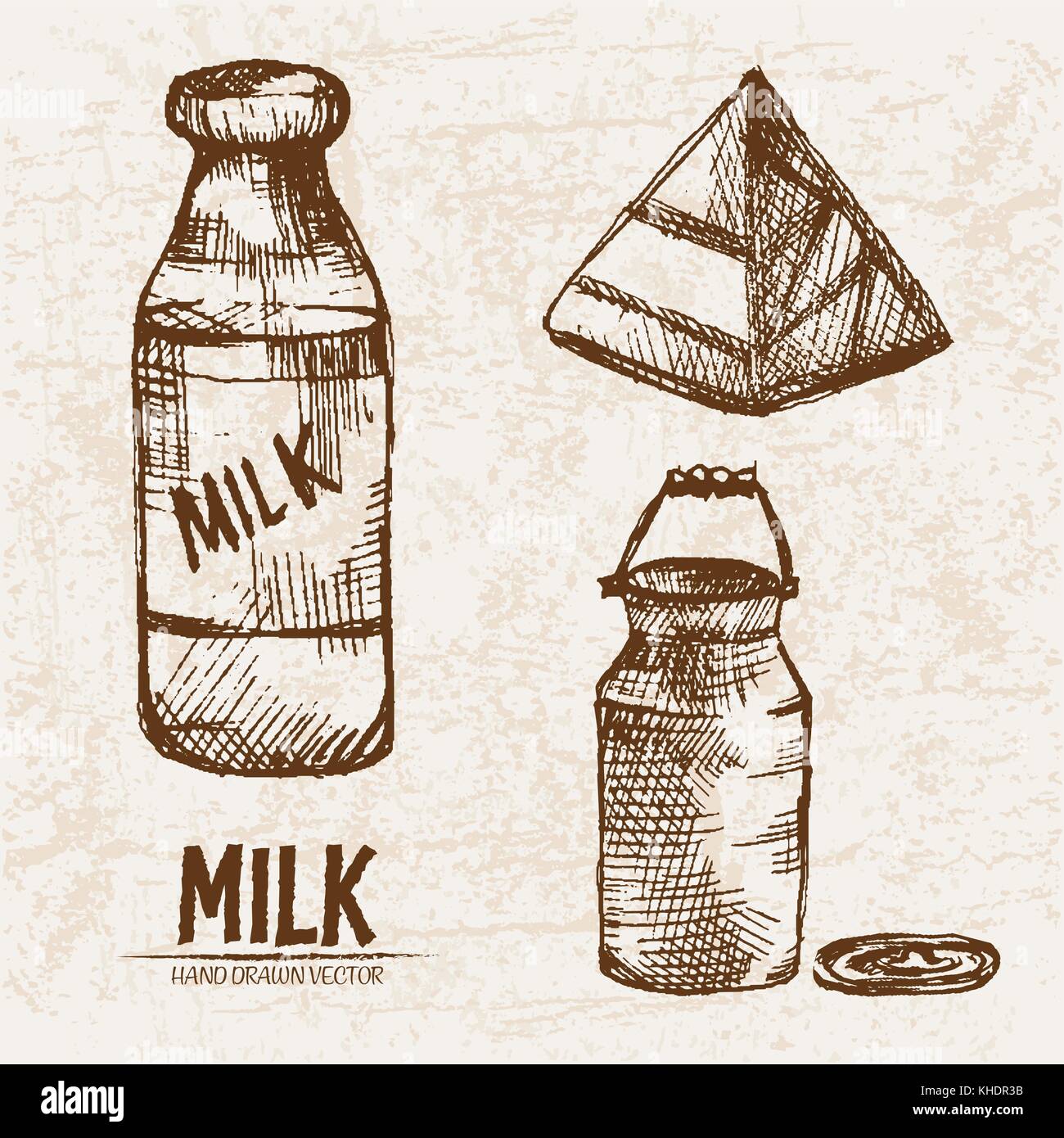 Digital vector detailed line art milk in different packages hand drawn ...