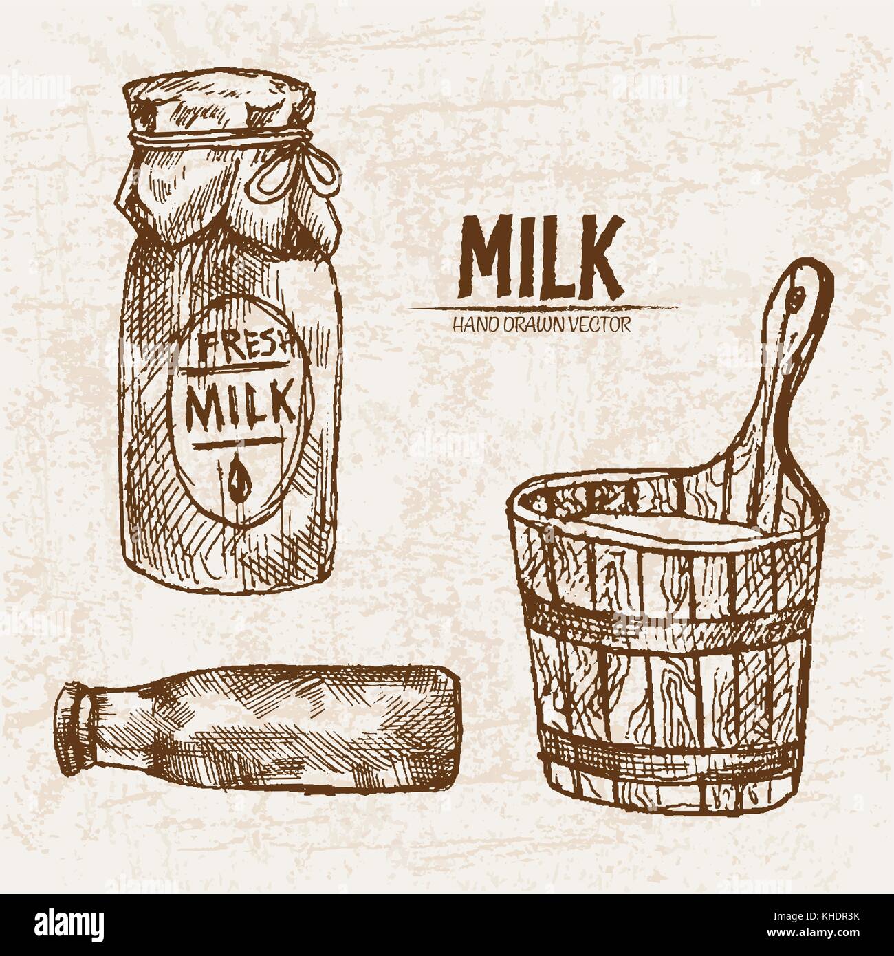 Digital vector detailed line art milk in different packages hand drawn ...