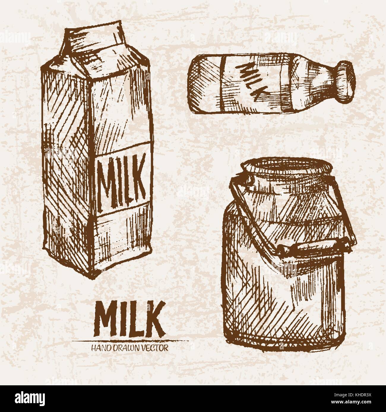 Digital vector detailed line art milk in different packages hand drawn ...
