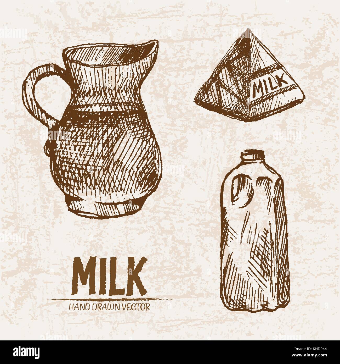 Digital vector detailed line art milk in different packages hand drawn ...