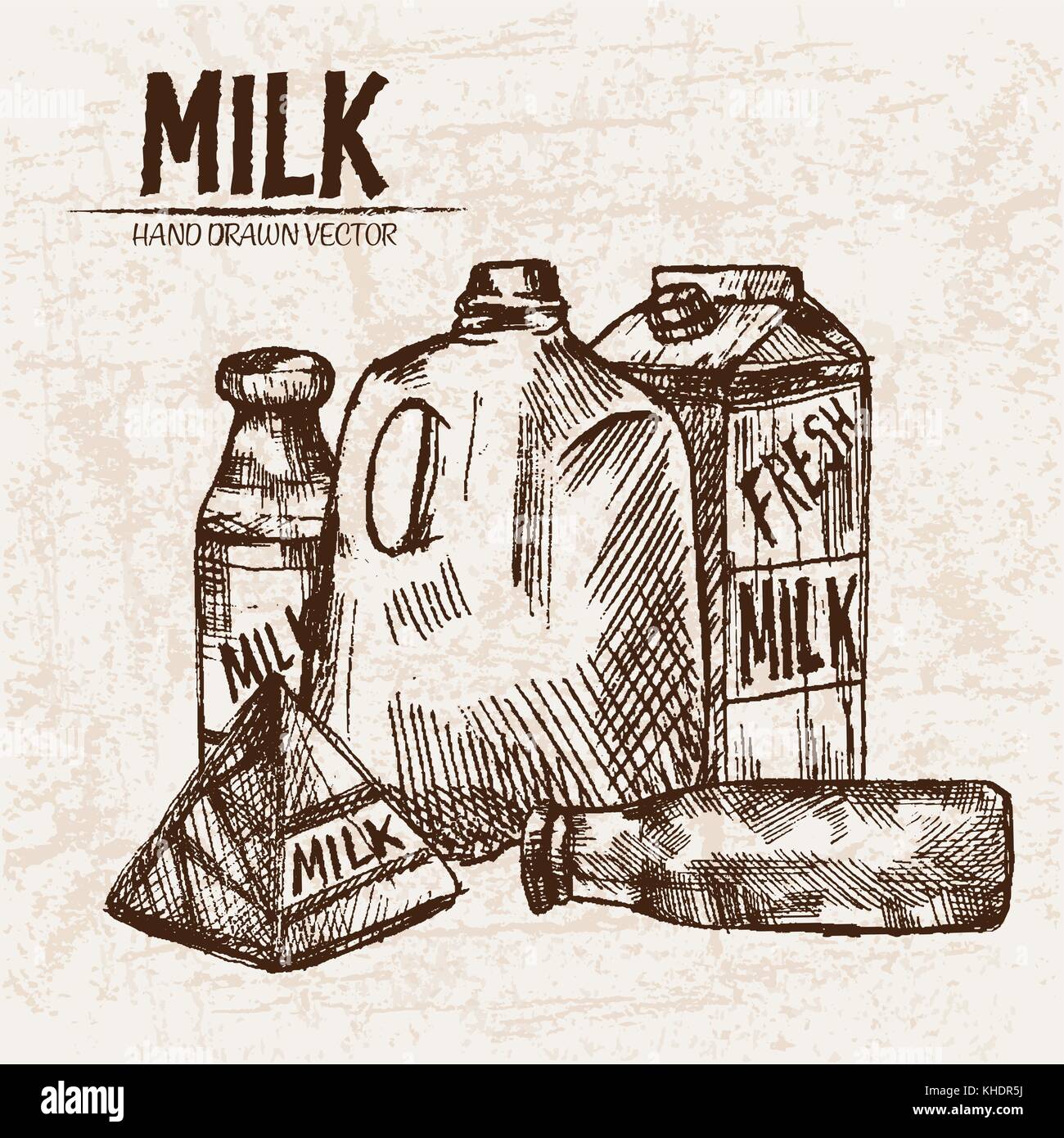 Digital vector detailed line art milk in different packages hand drawn ...