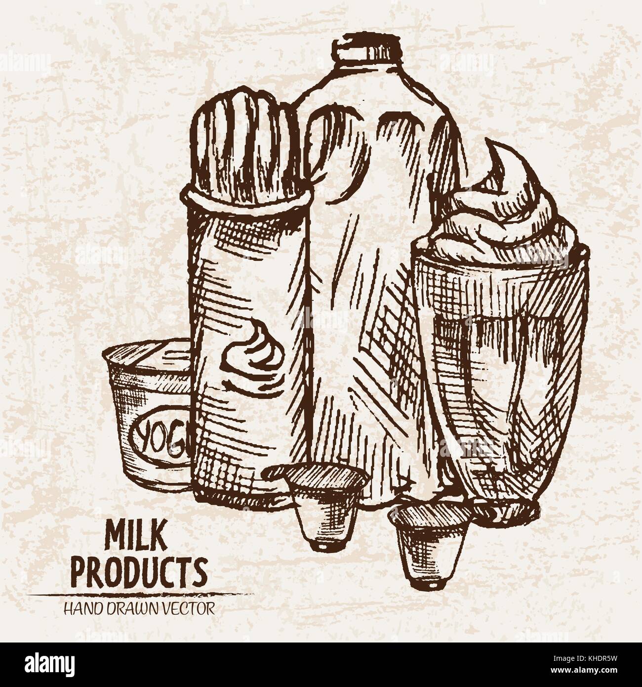 Digital vector detailed line art milk products and whipped cream hand ...