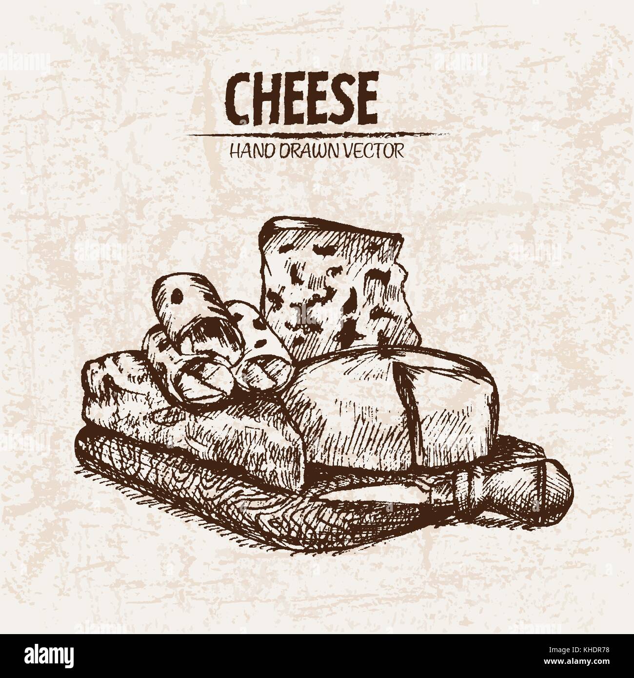 Digital vector detailed line art sliced cheese with knife hand drawn ...