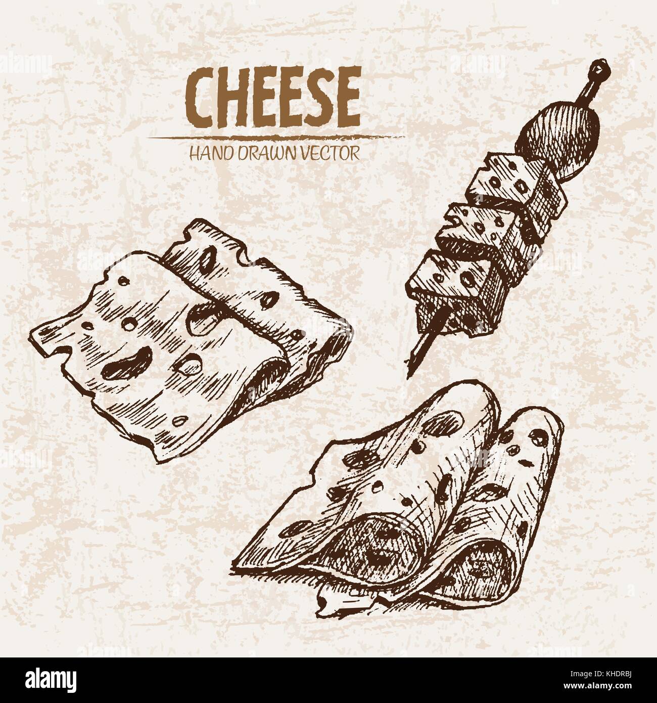Digital vector detailed line art sliced cheese on skewer hand drawn ...