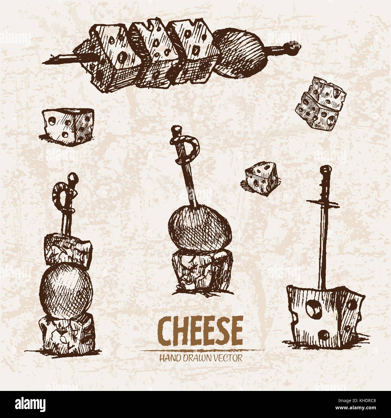 Digital vector detailed line art sliced cheese on skewer hand drawn ...
