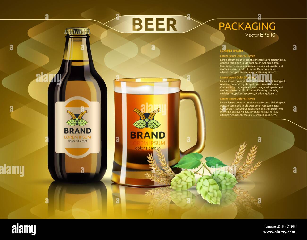 Vector Realistic beer bottle and glass. Brand packaging template. Logo ...