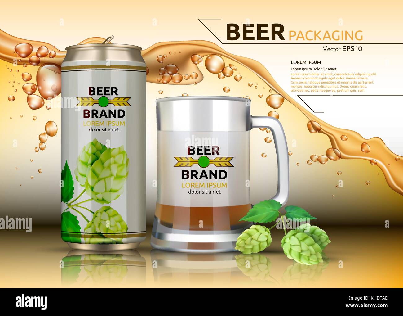 Vector Realistic beer metallic bottle and mug. Brand packaging template ...
