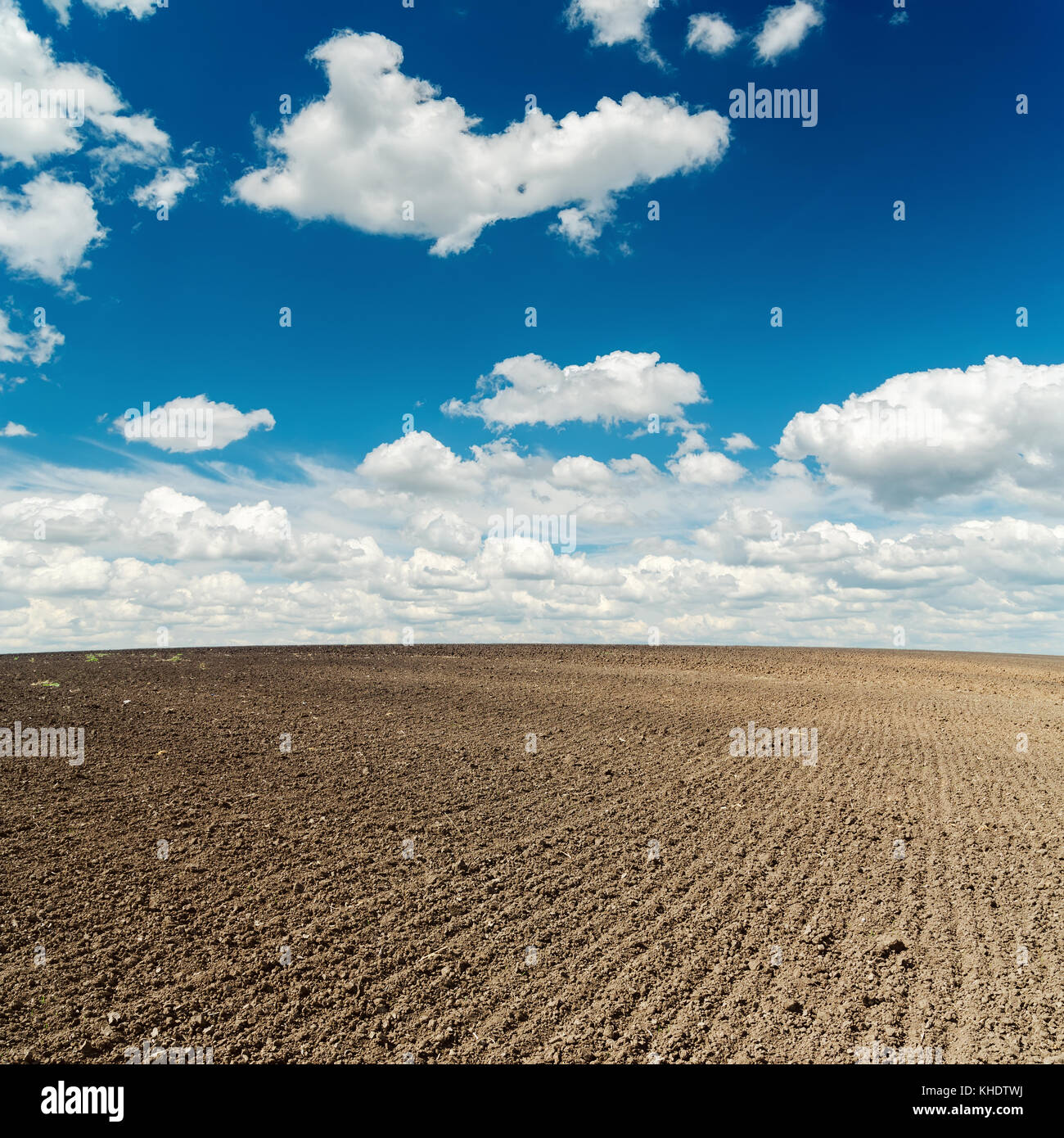 plowed field and deep blue sky with clouds over it Stock Photo - Alamy