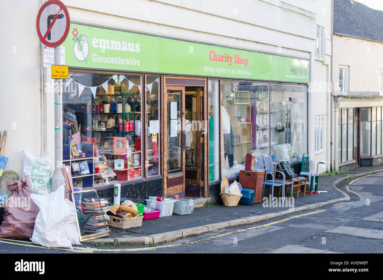 Second hand goods on the pavement outside Emmaus charity shop in Stock ...