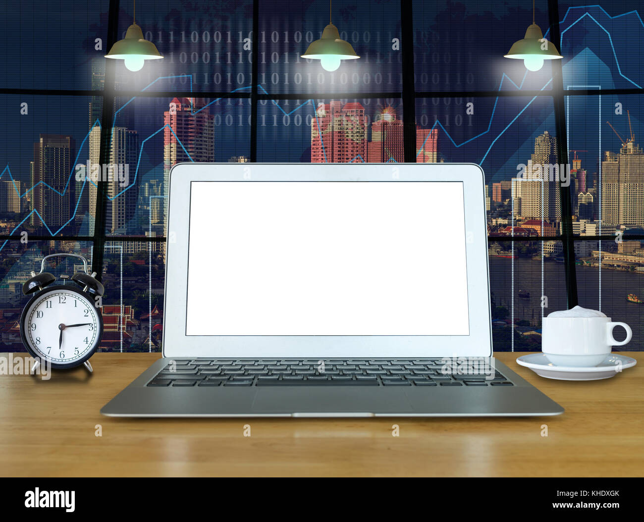 Workspace with computer laptop on the wood table with the windows which ...