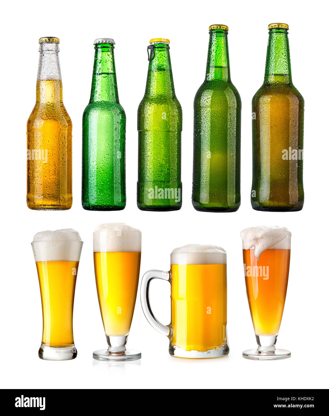 set of Beer bottles with water drops anbd beer glasses on white ...