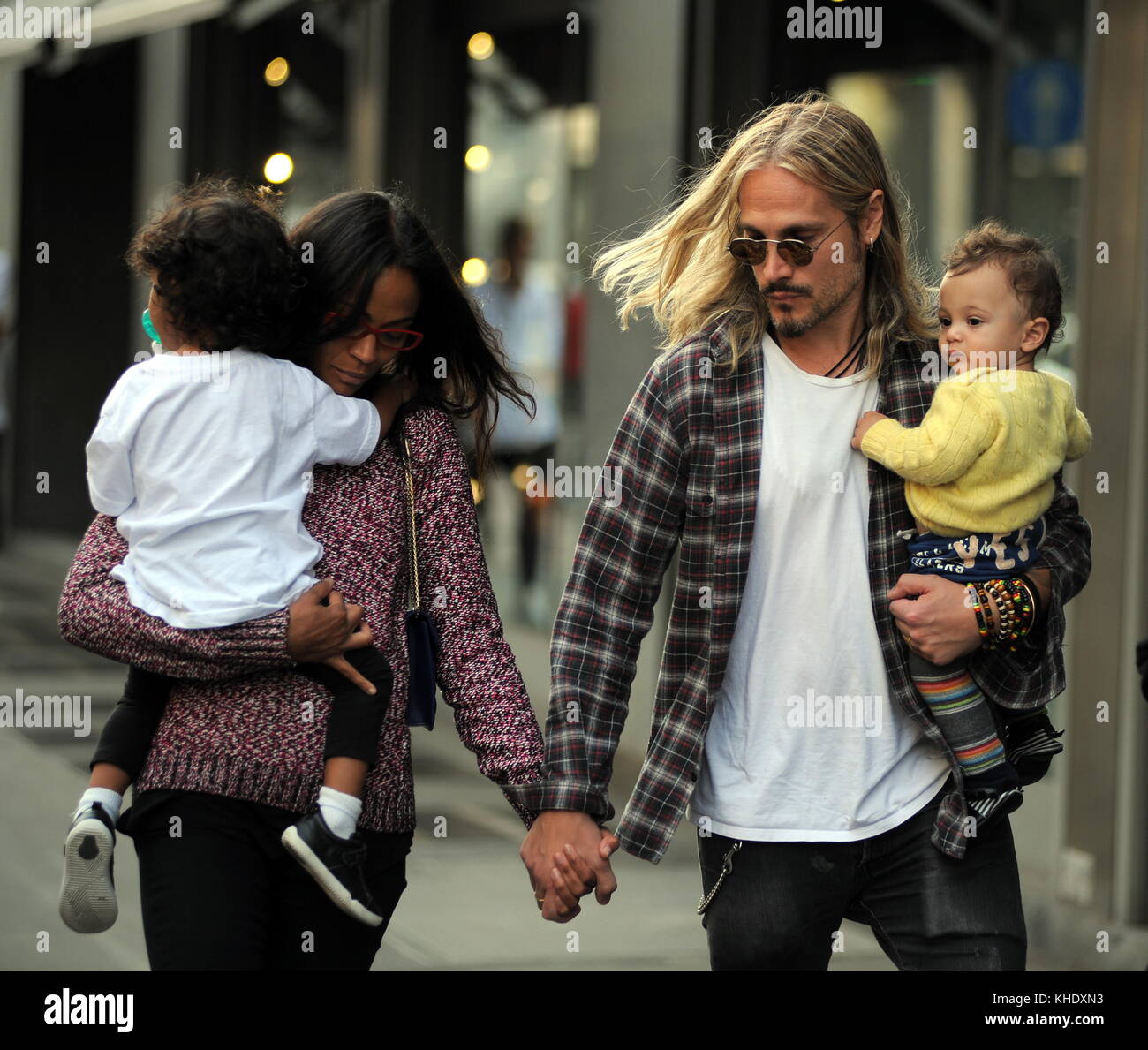 Zoe Saldana with her husband Marco Perego and their children in Milan ...