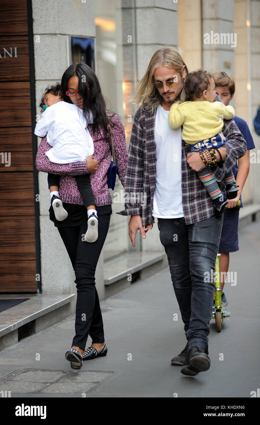 Zoe Saldana with her husband Marco Perego and their children in Milan ...