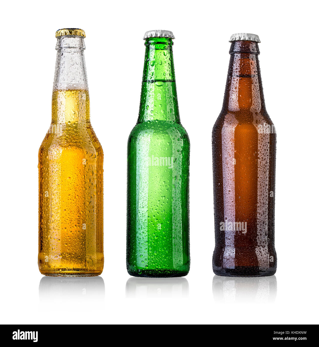 set of Beer bottles with water drops on white background.Five separate ...