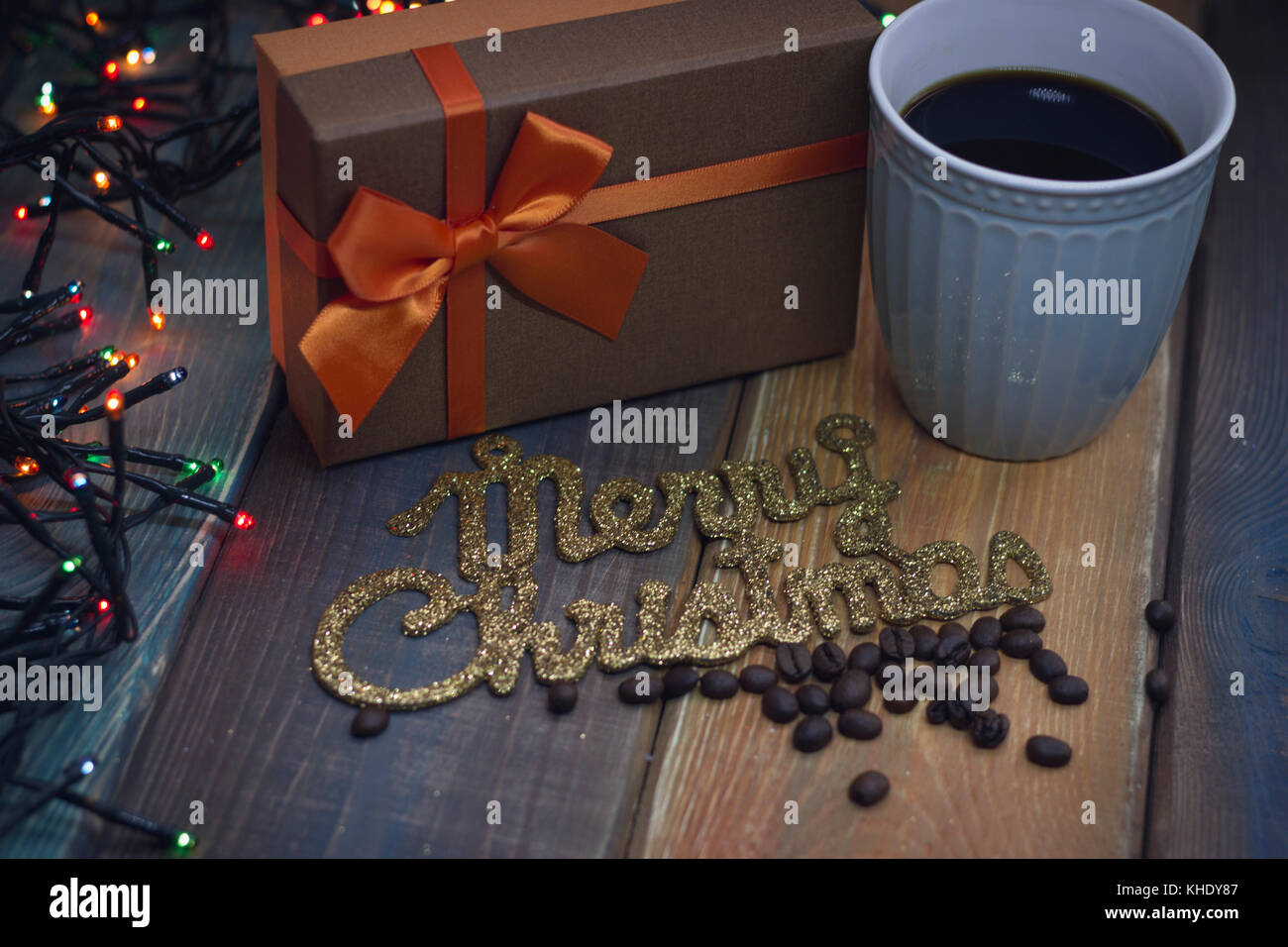 Gift box, inscription Marry Christmas, cup top view Stock Photo - Alamy