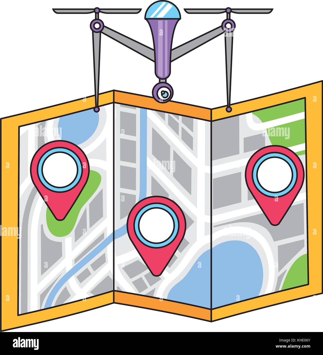 drone flying technology with paper map gps navigation Stock Vector ...