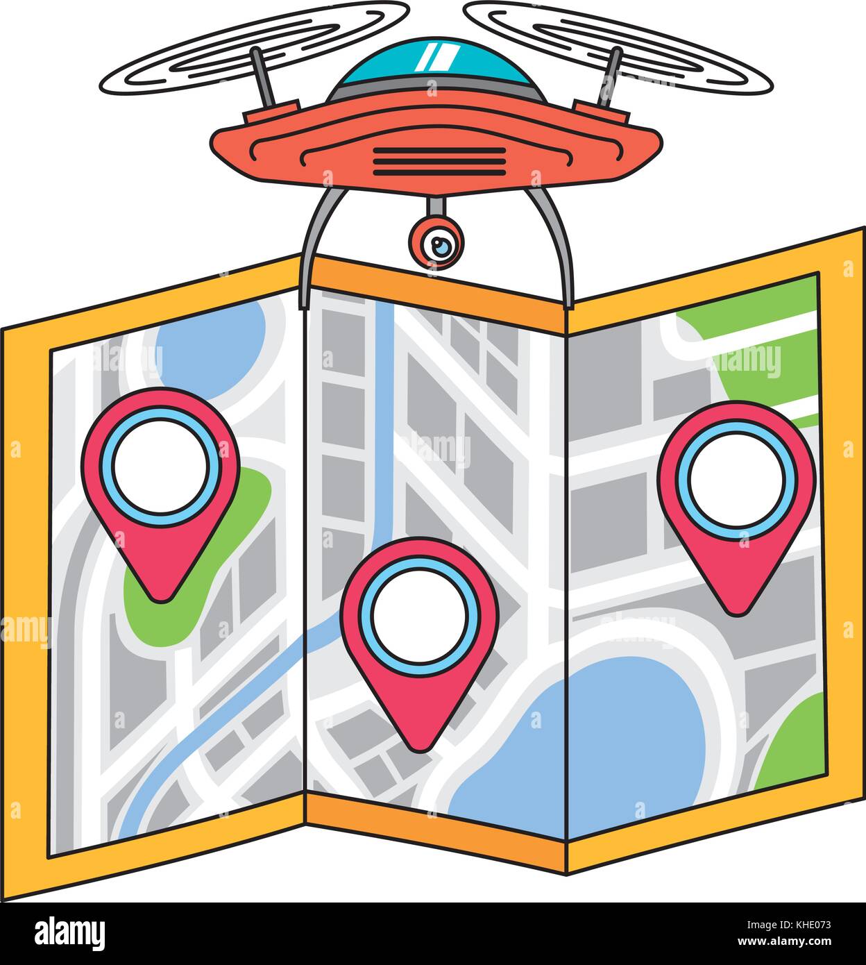 drone flying technology with paper map gps navigation Stock Vector ...