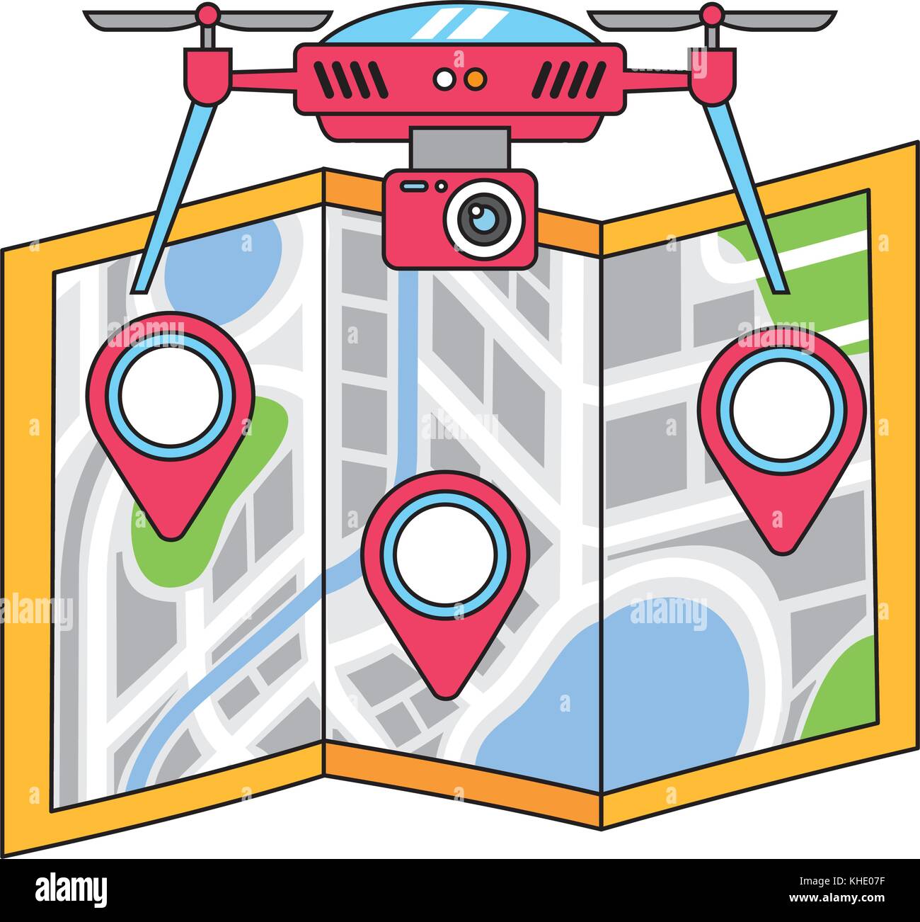 drone flying technology with paper map gps navigation Stock Vector ...