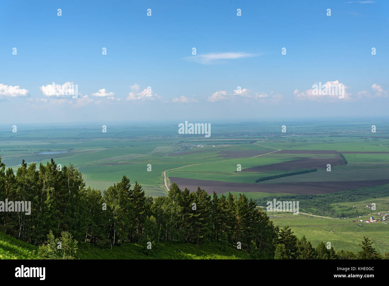 Scenic top view on the town, trees, forest, agricultural fields, farms ...