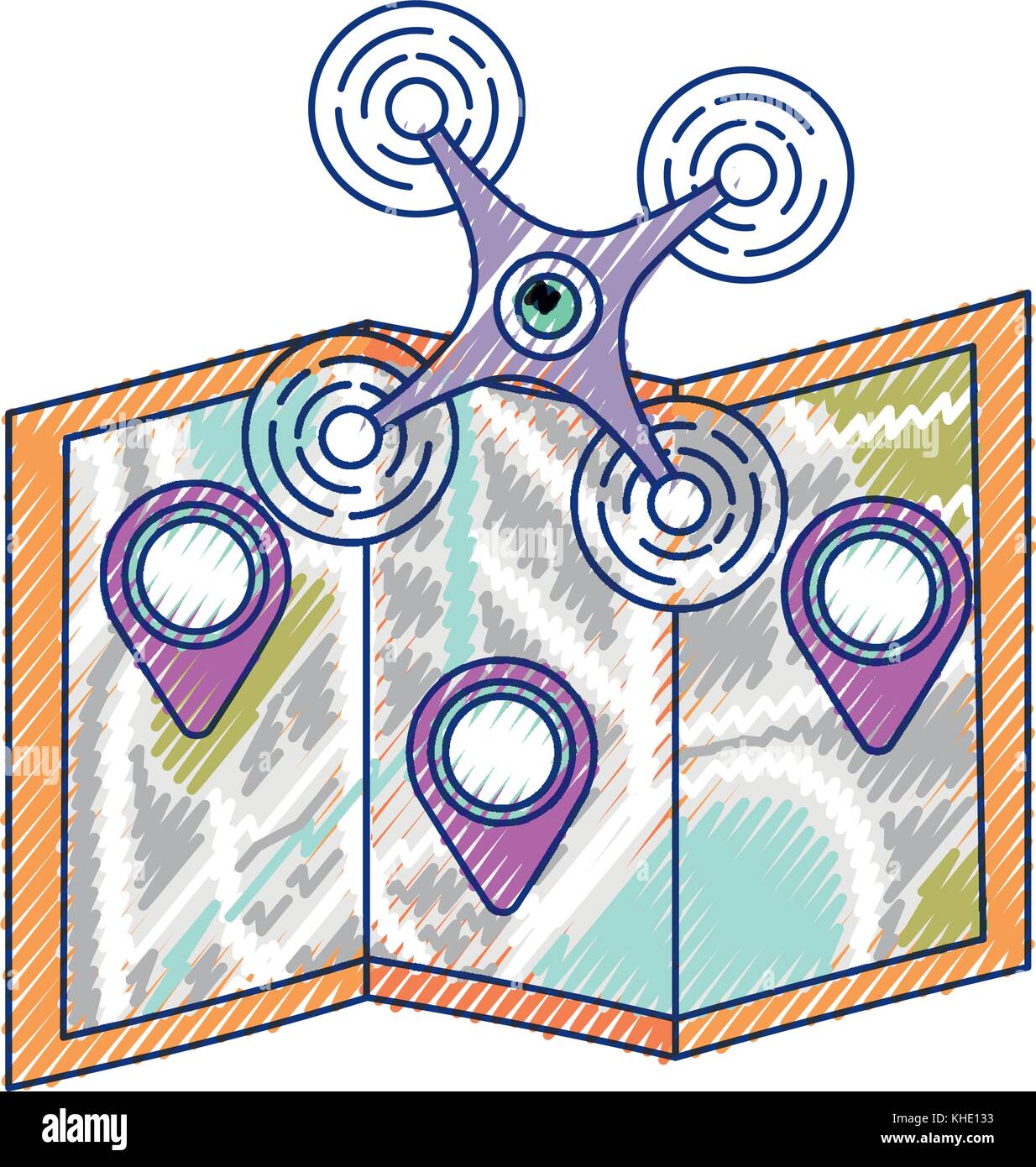 drone flying technology with paper map gps navigation Stock Vector ...
