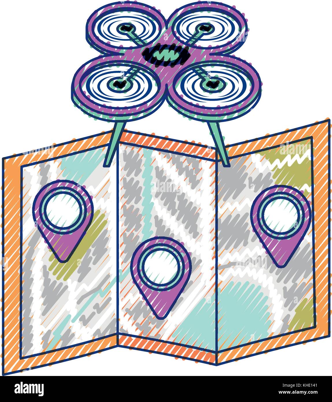 drone flying technology with paper map gps navigation Stock Vector ...
