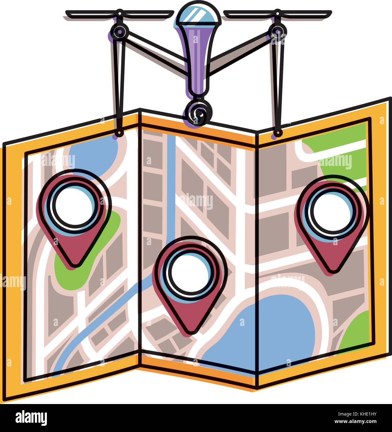 drone flying technology with paper map gps navigation Stock Vector ...