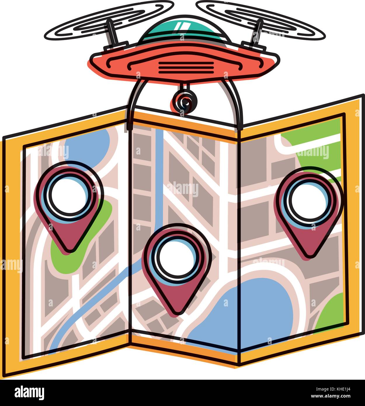 drone flying technology with paper map gps navigation Stock Vector ...