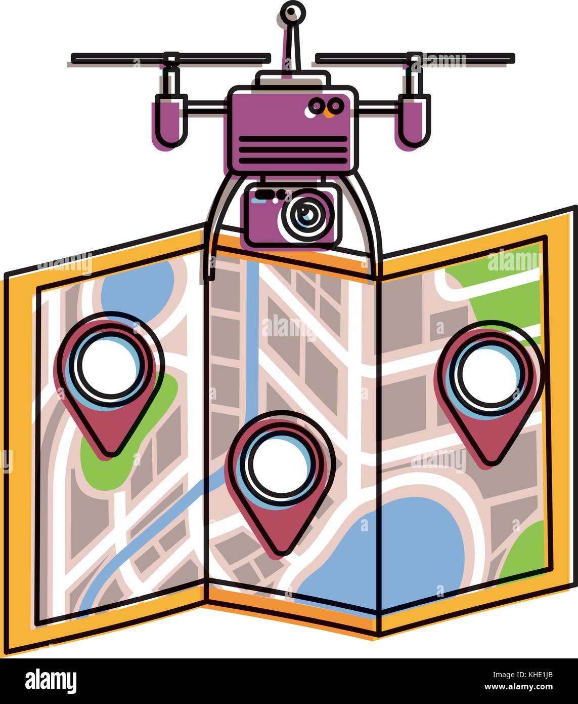 drone flying technology with paper map gps navigation Stock Vector ...