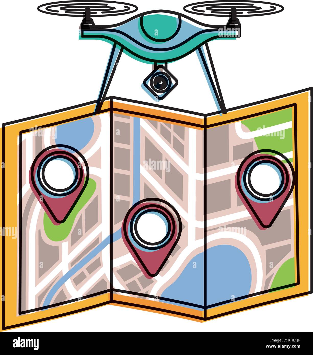 drone flying technology with paper map gps navigation Stock Vector ...