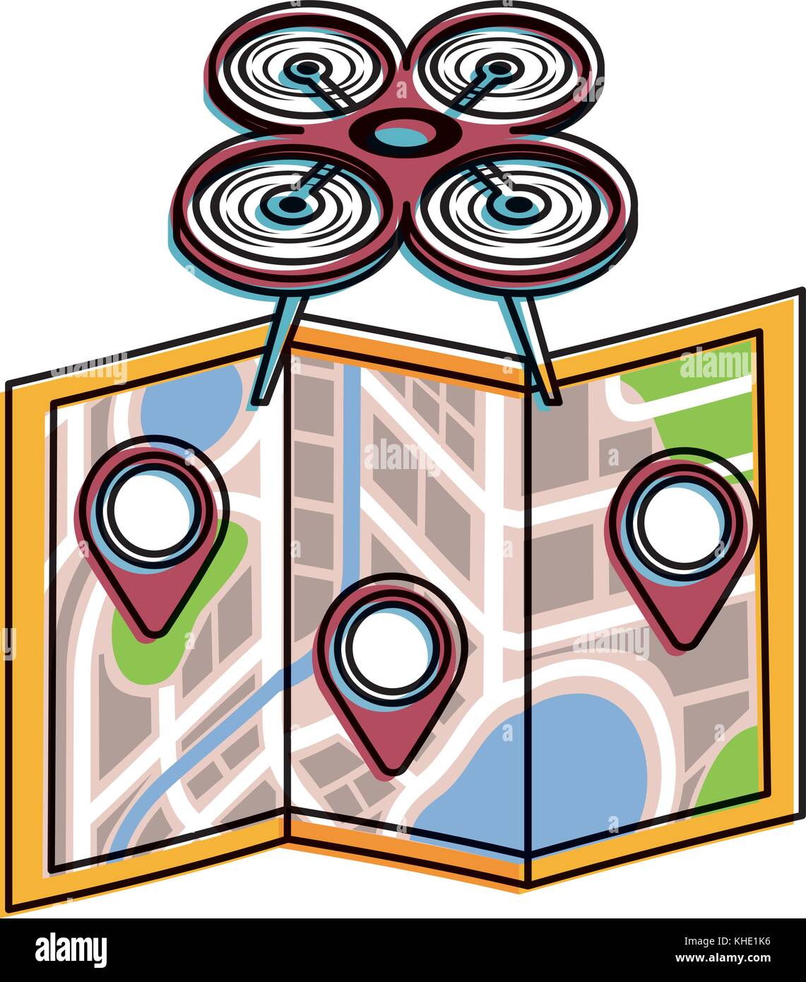 drone flying technology with paper map gps navigation Stock Vector ...