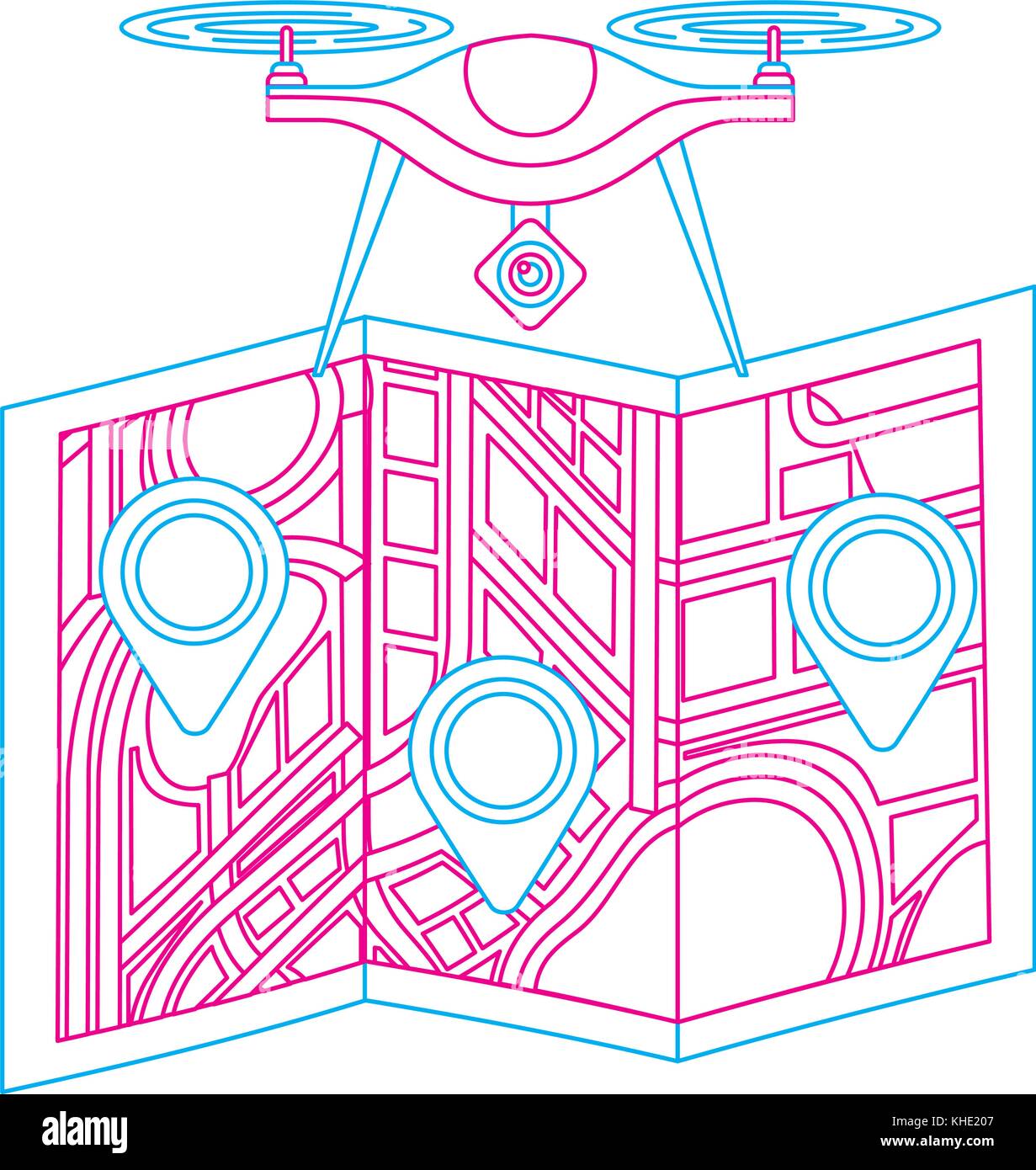 drone flying technology with paper map gps navigation Stock Vector ...