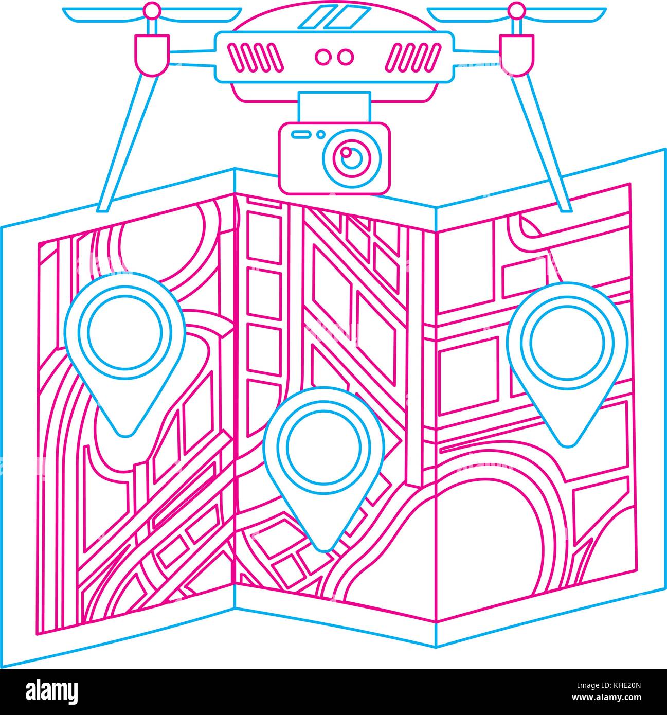 drone flying technology with paper map gps navigation Stock Vector ...