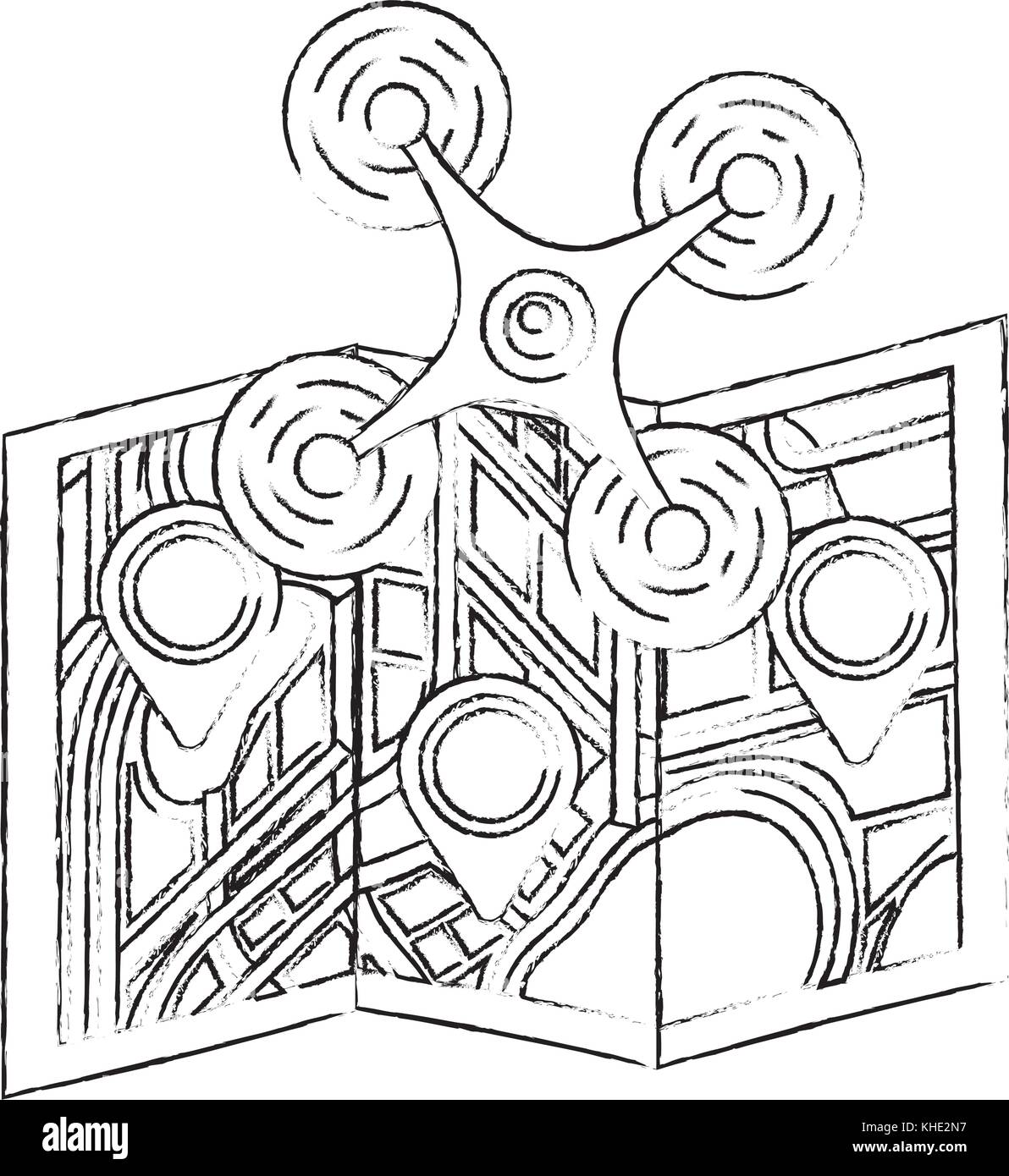 drone flying technology with paper map gps navigation Stock Vector ...