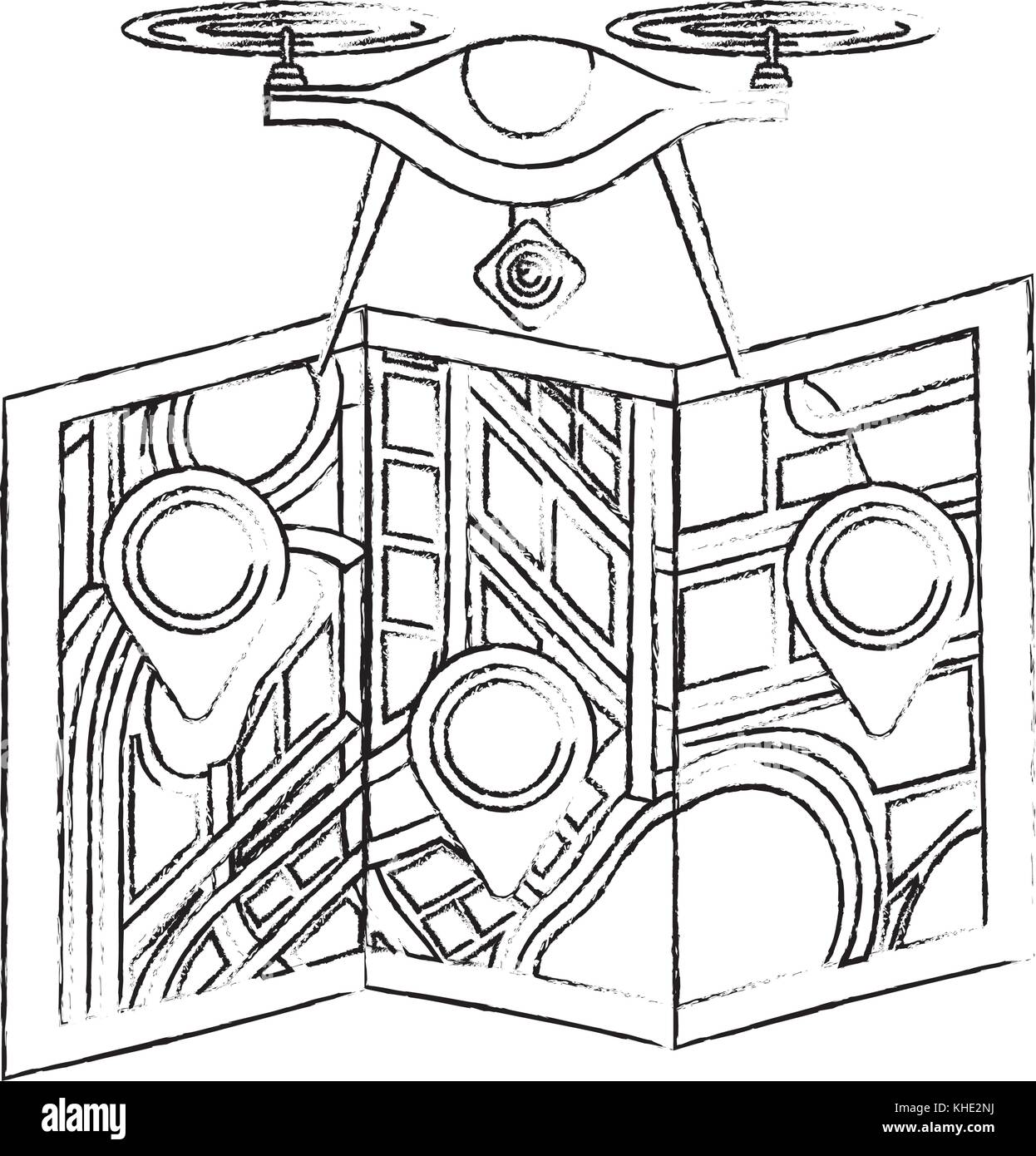 drone flying technology with paper map gps navigation Stock Vector ...