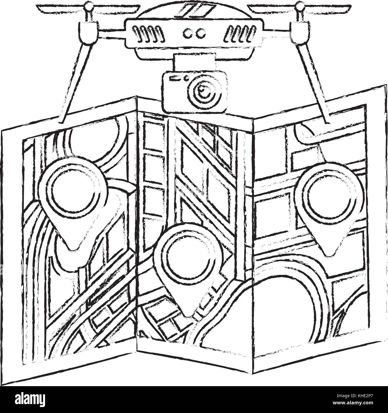drone flying technology with paper map gps navigation Stock Vector ...