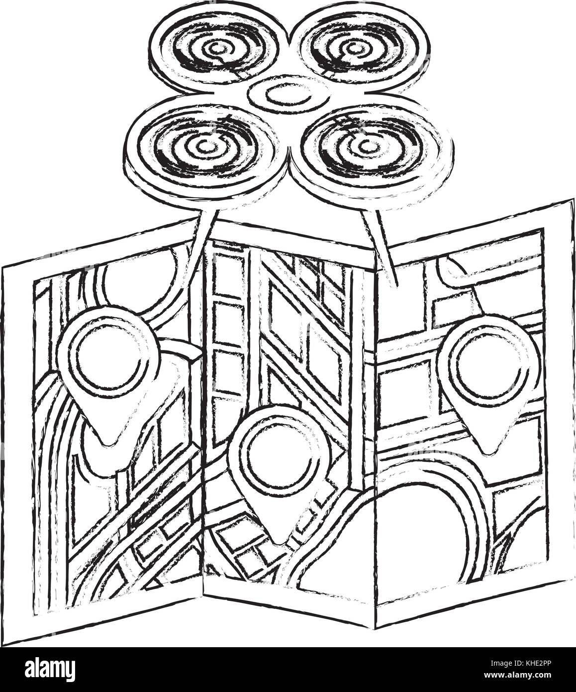 drone flying technology with paper map gps navigation Stock Vector ...