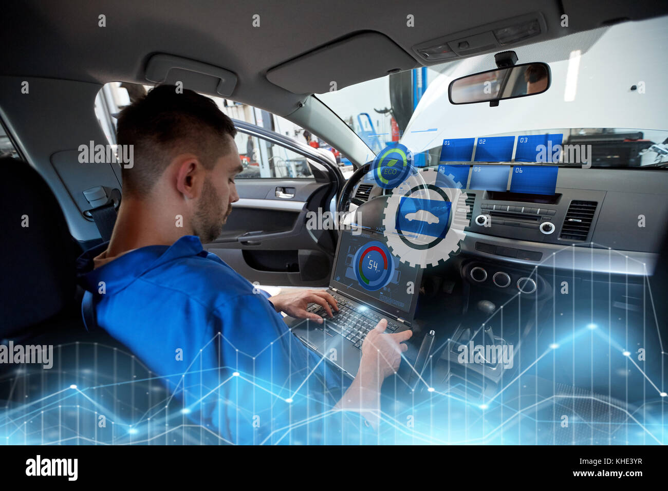 mechanic man with laptop making car diagnostic Stock Photo - Alamy