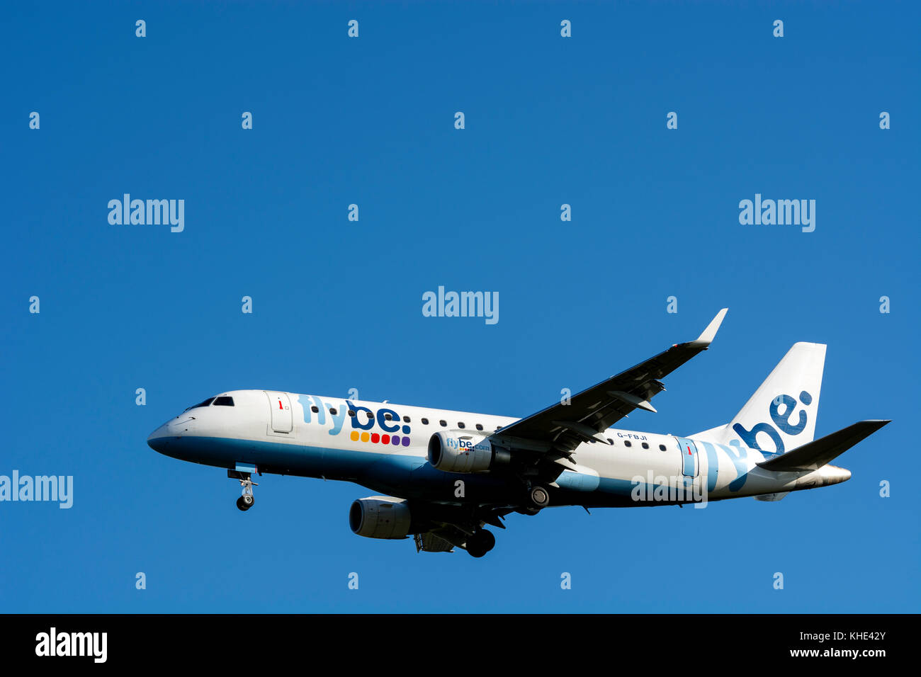 Flybe Embraer ER175 landing at Birmingham Airport, UK (G-FBJI Stock ...