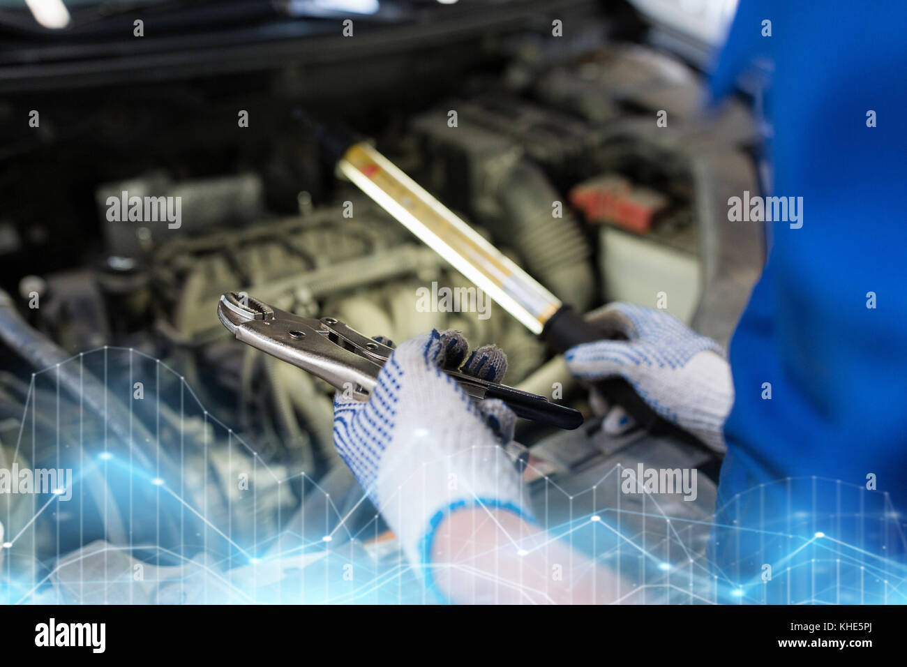 mechanic man with pliers repairing car at workshop Stock Photo - Alamy