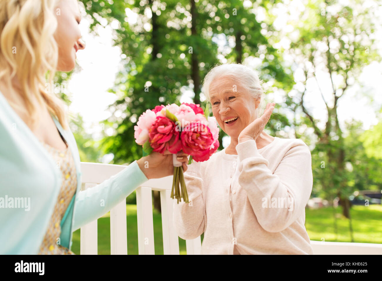 daughter giving flowers to senior mother at park Stock Photo - Alamy