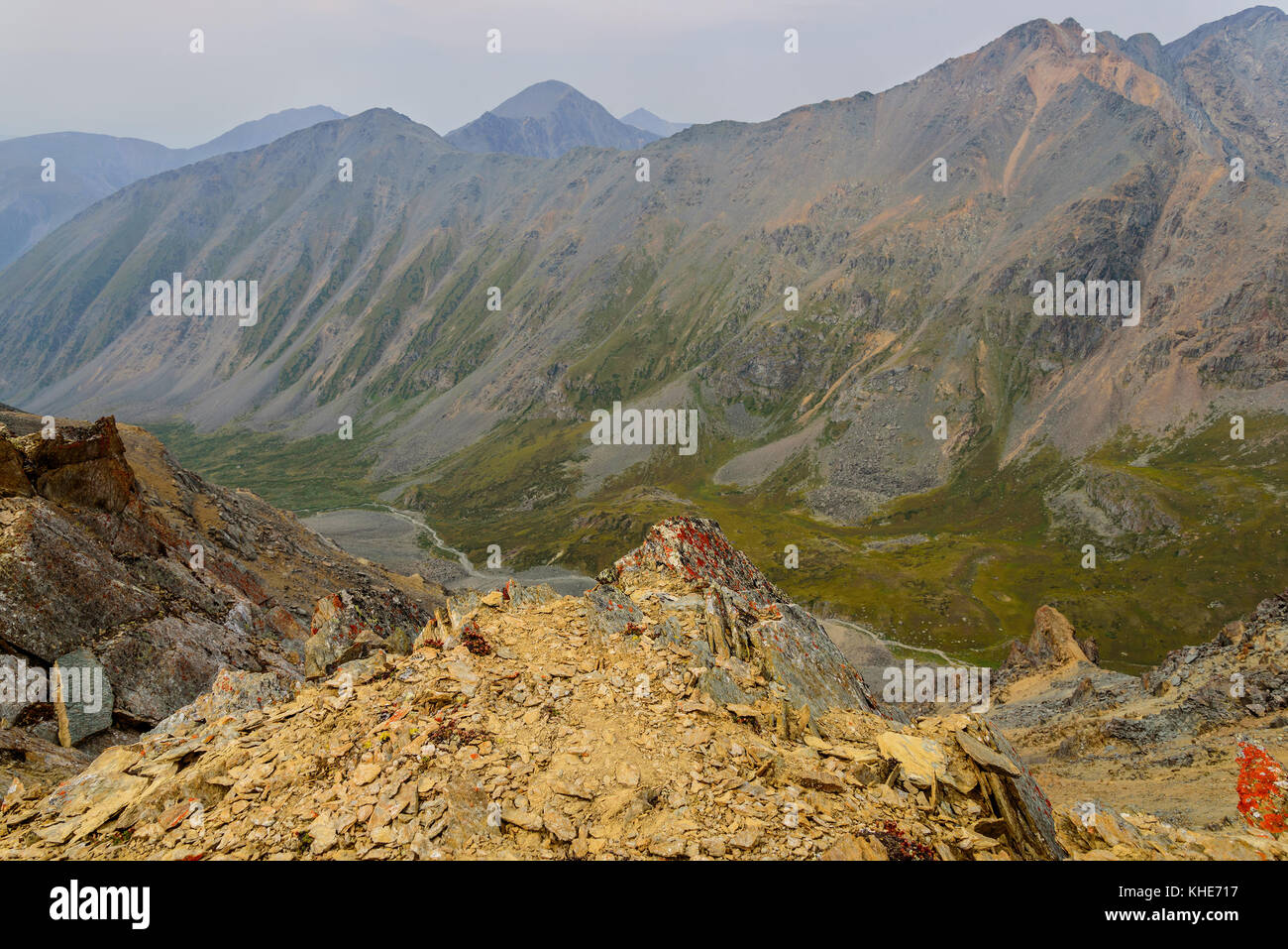 Scenic top view on the mountains, the valley between the mountains and ...
