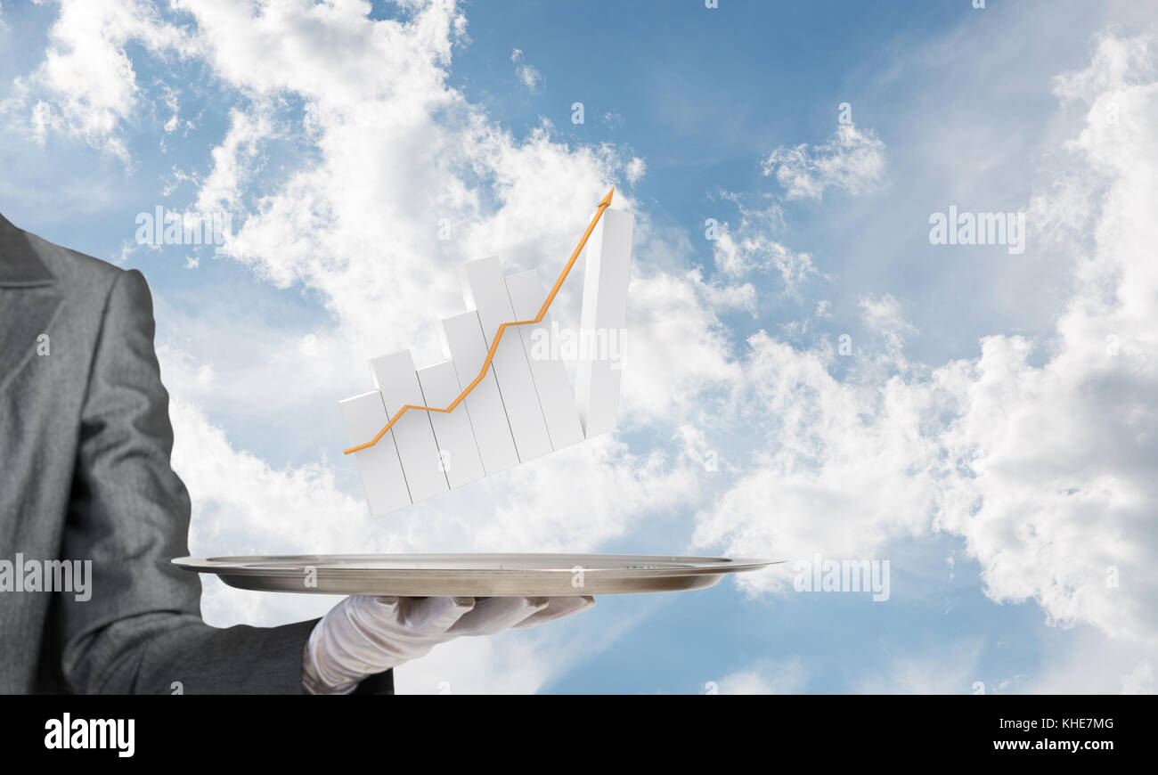 Hand of waitress presenting growing graph on tray Stock Photo - Alamy