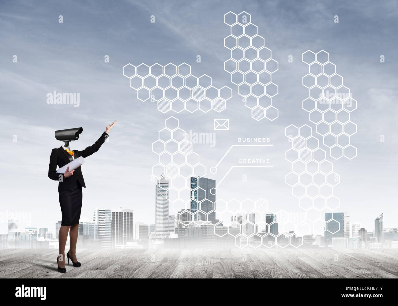 Concept of security and privacy protection with camera headed woman ...