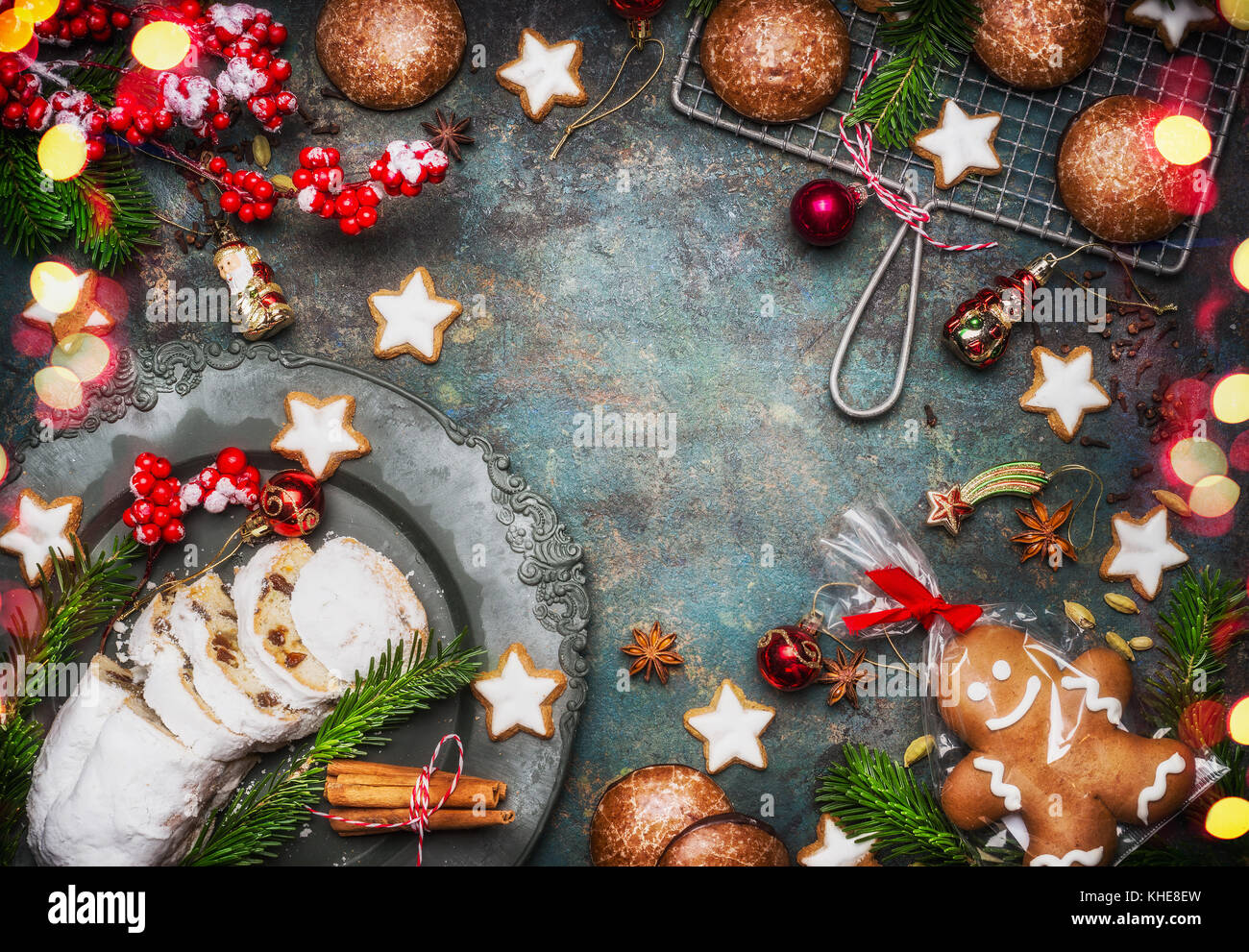 Christmas baking sweet food frame with homemade gingerbread man ...