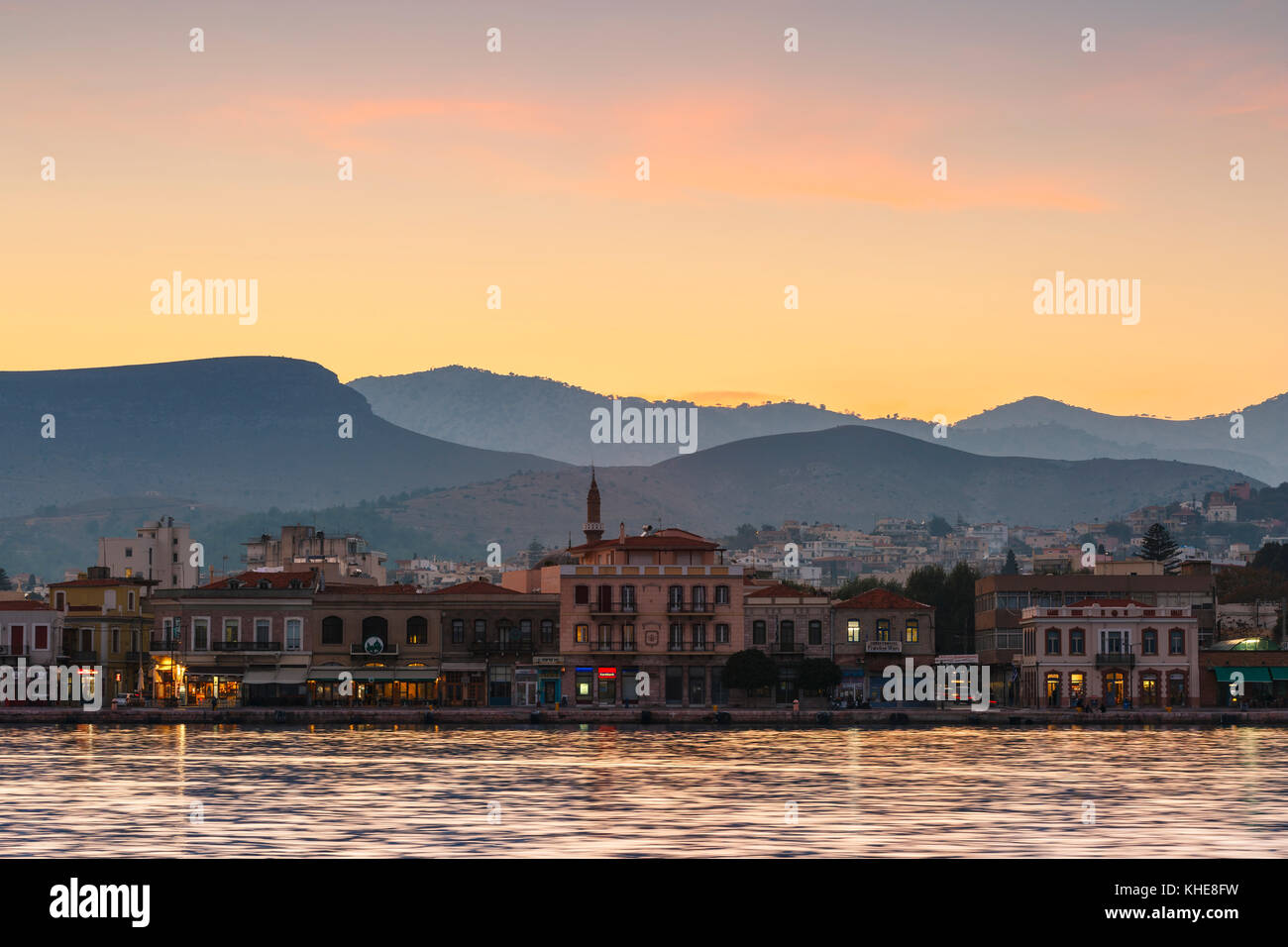 Chios town and its seafront as seen from the pier of the harbour Stock ...
